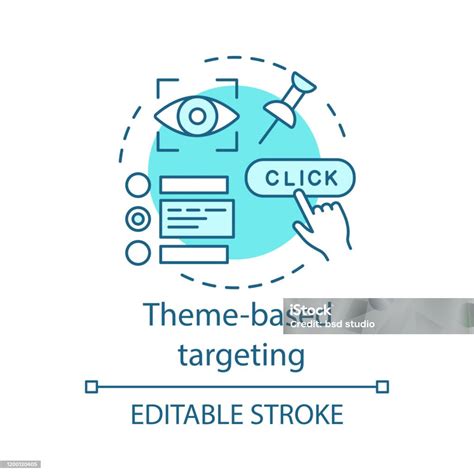 테마 기반 타겟팅 청록색 컨셉 아이콘입니다 디지털 마케팅 전략 아이디어 얇은 라인 그림 클라이언트 지향 고객 친화적 인 최적화 벡터 격리 윤곽선 도면 편집 가능한 스트로크