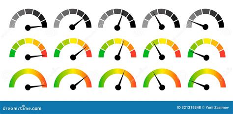 Speedometer Gauge Meter Icons Vector Scale Level Of Performance Speed Dial Indicator Green