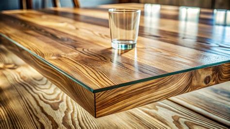 Close Up Of A Sleek Modern Wooden Table With A Glass Top And An Empty