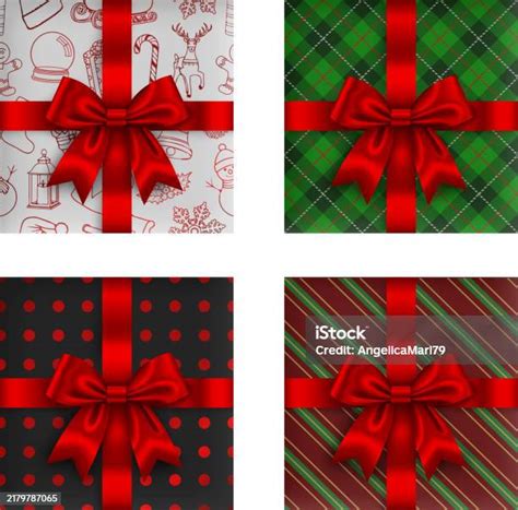 현실적인 크리스마스 선물 상자 세트입니다 빨간 활과 장식이 있는 크리스마스 선물 상자 모음 평면도 3차원 형태에 대한 스톡 벡터 아트 및 기타 이미지 Istock
