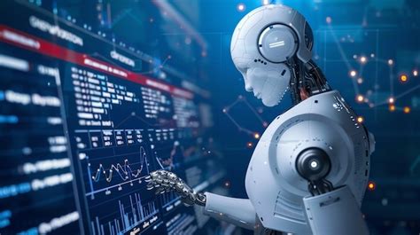 Premium Photo A White Humanoid Robot Interacts With A Computer Screen Filled With Data