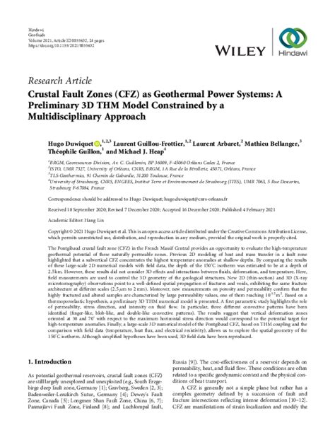 Pdf Crustal Fault Zones Cfz As Geothermal Power Systems A Preliminary 3d Thm Model