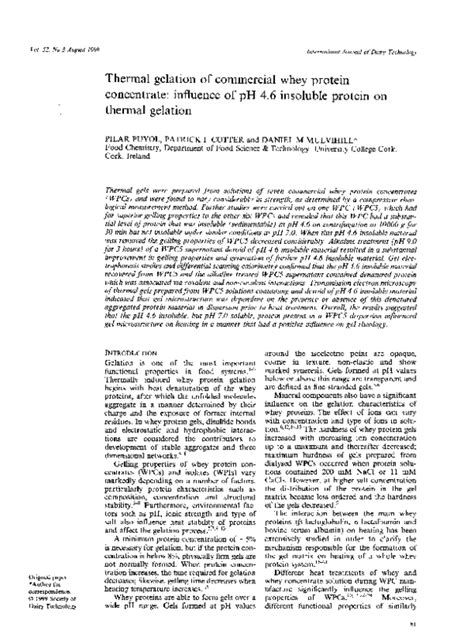 Pdf Thermal Gelation Of Commercial Whey Protein Concentrate Influence Of Ph 46 Insoluble