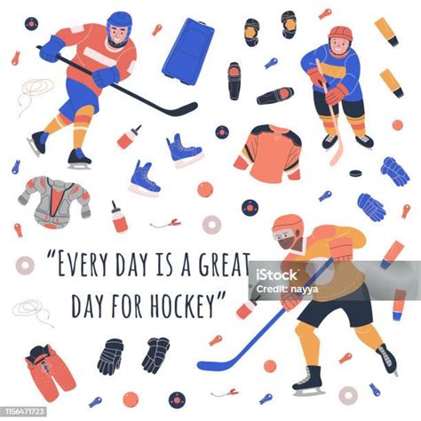 젊은 남성 아이스 하키 선수 장비 및 동기 부여 텍스트와 사각형 개념 그림은 매일 하키에 대한 좋은 날입니다 플랫 벡터 디자인 Sport Set에 대한 스톡 벡터 아트 및