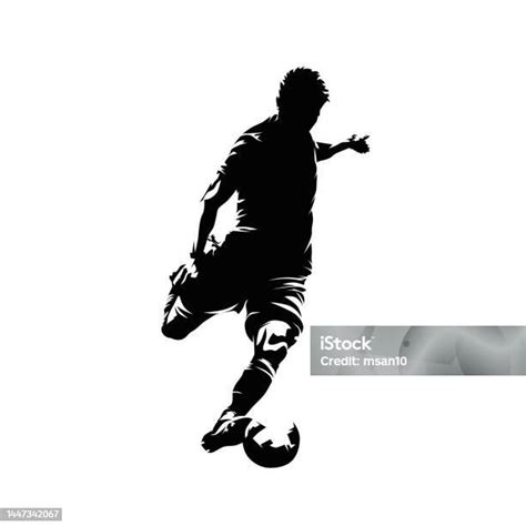 축구 선수는 공을 차고 축구 선수는 쏘고 골을 넣고 고립 된 벡터 실루엣 잉크 그리기 정면보기 축구에 대한 스톡 벡터 아트 및 기타 이미지 Istock