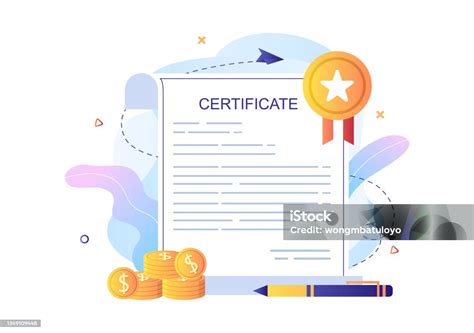 라이센스 배지 디플로마 및 웹사이트 포스터 또는 브로셔 배경 벡터 일러스트레이션의 메달이 있는 인증서 문서 아이콘 증명서에 대한 스톡 벡터 아트 및 기타 이미지 Istock