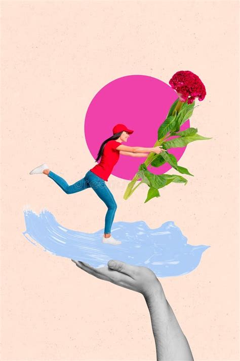 Art Image Vertical Photo Collage Of Happy Courier Girl Delivery Flower Service International