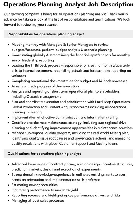 Operations Planning Analyst Job Description Velvet Jobs