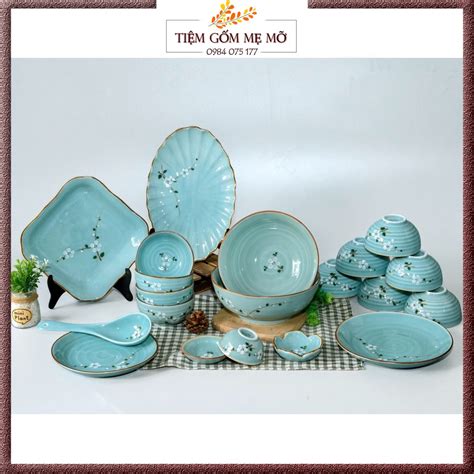 Bộ Bát Đĩa Bộ Tô Chén Dĩa Men Ngọc Lam Họa Tiết Hoa Mai Trắng Gốm Sứ