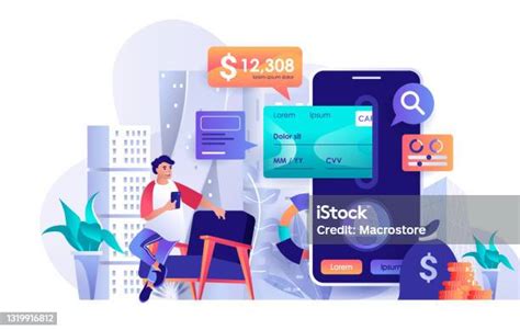 플랫 디자인의 모바일 뱅킹 컨셉 온라인 재무 회계 현장 템플릿 Man은 은행 운영 및 거래를 위해 모바일 응용 프로그램을 사용합니다 인물 캐릭터 활동의 벡터 일러스트레이션