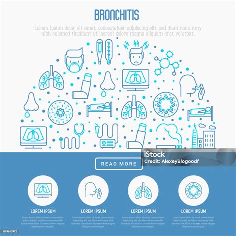 기관지염 증상 및 치료의 얇은 선 아이콘 컨셉 두통 치조 흡입기 분무기 청진 기 온도계 X 선 침대 휴식 배너 인쇄 미디어 벡터 그림입니다 천식 흡입기에 대한 스톡 벡터