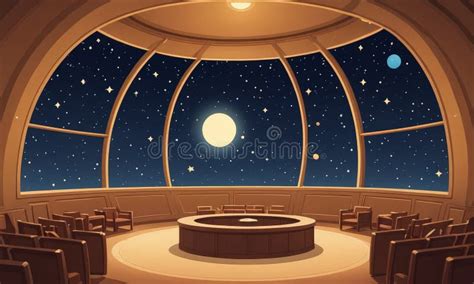Circular Room with Large Circular Window, Featuring View Starry Night Sky and Bright Moon, is ...