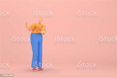 파란색 코듀로이 바지를 입고 롤빵에 묶인 황금 머리를 가진 여자와흰색 줄무늬가 있는 주황색 티셔츠 그녀는 말할 때 손의 표현입니다 연기에서 만화 캐릭터의 3d 일러스트