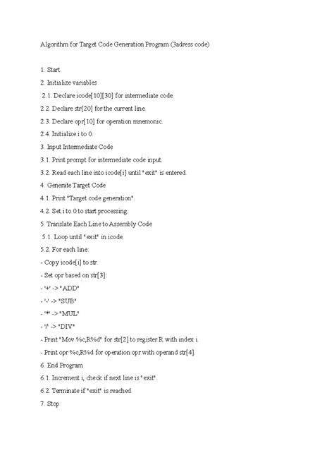 Compilerlab Lab Programs Algorithm For Target Code Generation Program 3adress Code Start