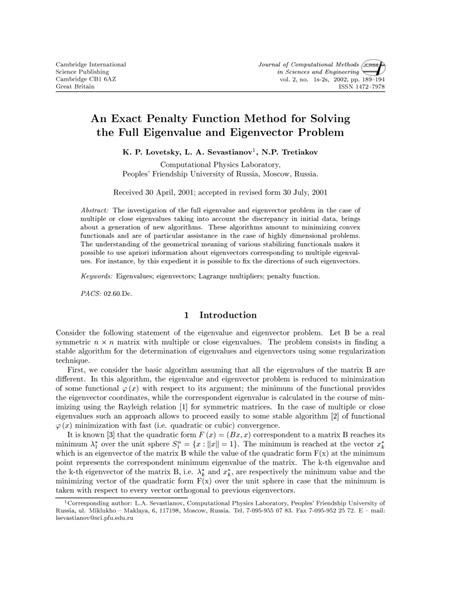 Pdf An Exact Penalty Function Method For Solving The Full Eigenvalue