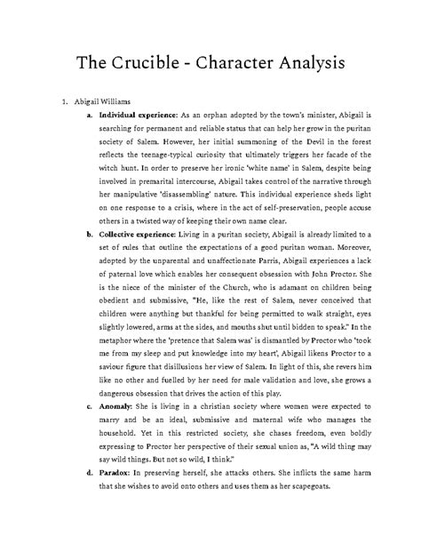 Crucible Abigail Analysis The Crucible Character Analysis Abigail Williams A Individual