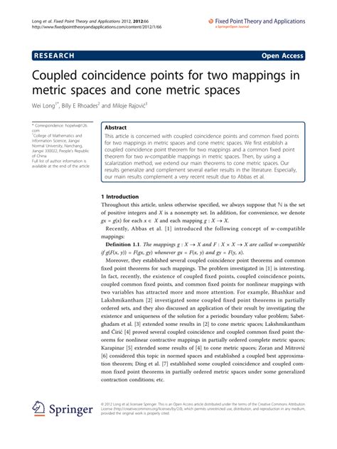 Pdf Coupled Coincidence Points For Two Mappings In Metric Spaces And Cone Metric Spaces