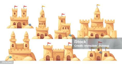 깃발과 조개껍데기로 완성된 모래성 컬렉션 다양한 모래 조각품은 다양한 기능을 보여줍니다 0명에 대한 스톡 벡터 아트 및 기타