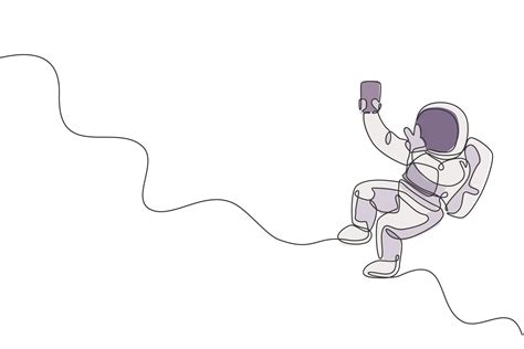 Single Continuous Line Drawing Of Floating Science Astronaut In Spacewalk Pose Selfie Using