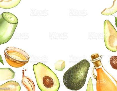 수채화 프레임 잘 익은 아보카도와 유리 그릇에 기름 탑 뷰 손으로 그린 그림은 흰색 배경에 분리되어 있습니다 완벽한 음식 메뉴 음식 그리기 디자인 포장 건강한 식생활 개념
