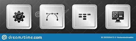 Set Website Statistic Bezier Curve Site Map And Ui Or Ux Design Icon Silver Square Button