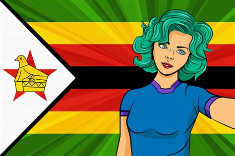 팝 아트 유니콘 컬러 머리 스타일으로 소녀입니다 젊은 팬 소녀는 짐바브웨의 국기 하기 전에 Selfie 벡터 스포츠 일러스트 복고 만화 스타일 Championship에 대한