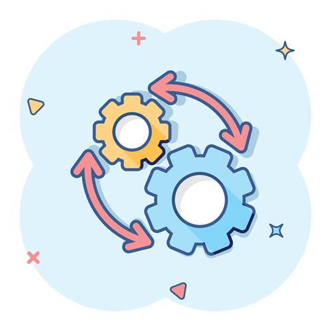 Workflow Icon In Comic Style Gear Effective Cartoon Vector Illustration On White Isolated