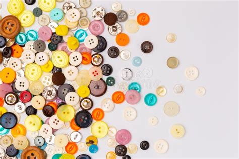 different types color size and shape buttons white background stock