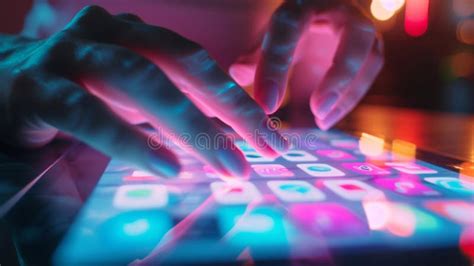 Fingers Are Interacting With A Futuristic Neon Lit Touch Sensitive