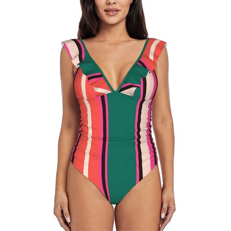 Junzan Ruffle One Piece Swimsuits For Women V Neck Vertical Stripes