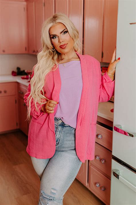 Good For The Plot Linen Blend Blazer In Pink Curves • Impressions Online Boutique
