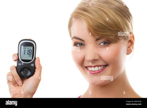 Happy Woman Holding Glucose Meter With Positive Result Of Measurement Sugar Level Concept Of