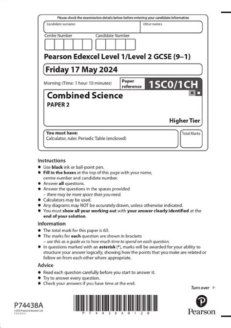 2025 Edexcel Gcse Combined Science Higher Chemistry Paper 1 Paper 2 Including Mark Scheme
