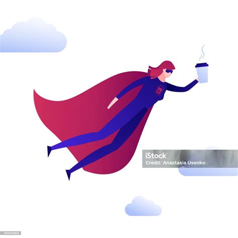 벡터 현대 플랫 커피 슈퍼 히어로 사람 그림입니다 흰색에 고립 된 흐린 하늘에 컵비행 빨간 망토에 색상 여성 영웅 아침 에너지의 개념 충전 음료 디자인 요소 개념에 대한
