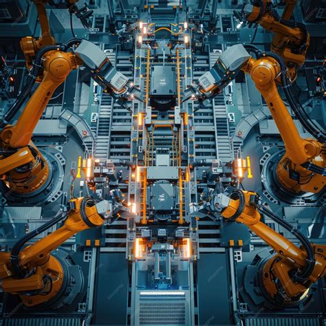 Premium Photo A Robot Assembly Line With A Lot Of Orange Robots