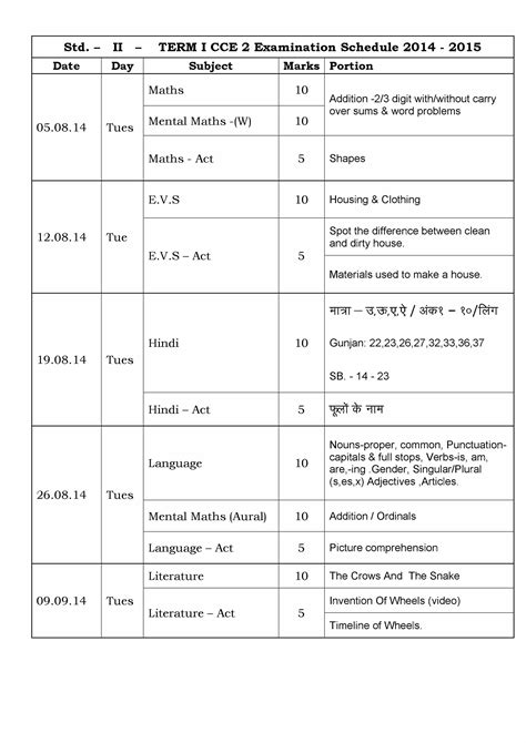 Grade Ii Term I Cce Examination Schedule 201 2015 Eisn