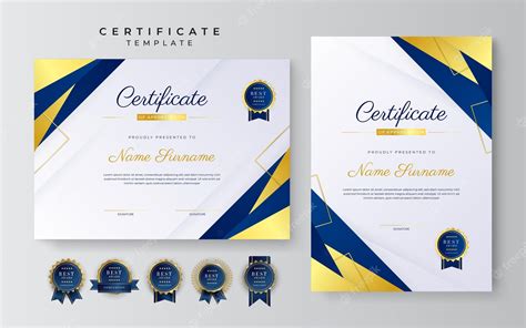감사장 템플릿 금색과 파란색 금색 배지가 있는 깨끗한 현대 인증서 고급스럽고 현대적인 라인 패턴이 있는 인증서 테두리 템플릿 졸업장 벡터 템플릿 프리미엄 벡터