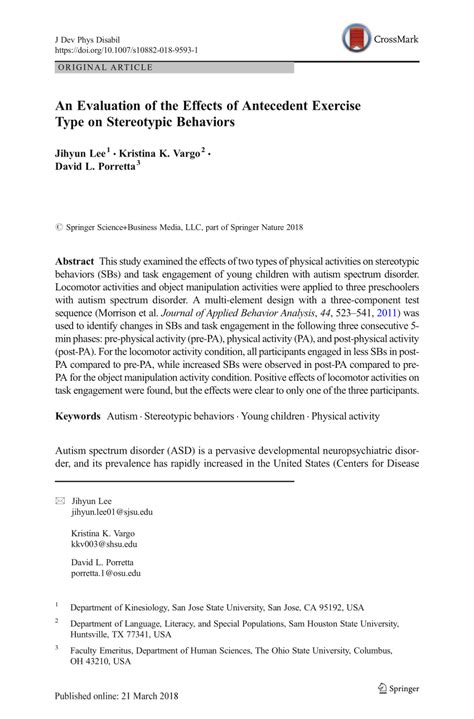 Pdf An Evaluation Of The Effects Of Antecedent Exercise Type On Stereotypic Behaviors