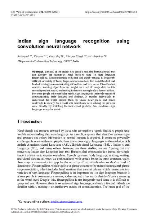 Pdf Indian Sign Language Recognition Using Convolution Neural Network