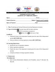 LAS STATPROB Q W Pdf LEARNING ACTIVITY SHEET QUARTER ND SEMESTER WEEK Name Score