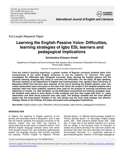 Pdf Learning The English Passive Voice Difficulties Learning