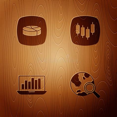 Set Search Globe Pie Chart Infographic Laptop With And Browser Stocks Market On Wooden