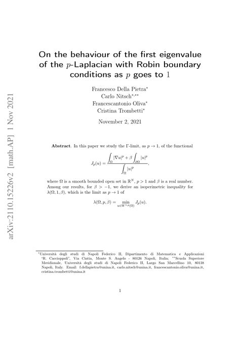 Pdf On The Behaviour Of The First Eigenvalue Of The P Laplacian With Robin Boundary