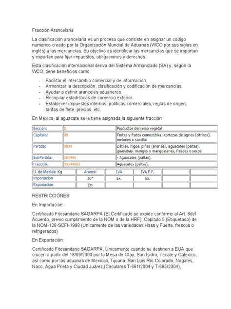 Fracción Arancelaria Pdf Aduana Arancel