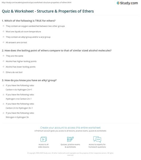 Quiz Worksheet Structure Properties Of Ethers Study Com