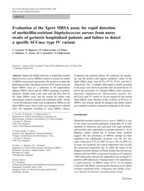 Pdf Evaluation Of The Xpert Mrsa Assay For Rapid Detection Of
