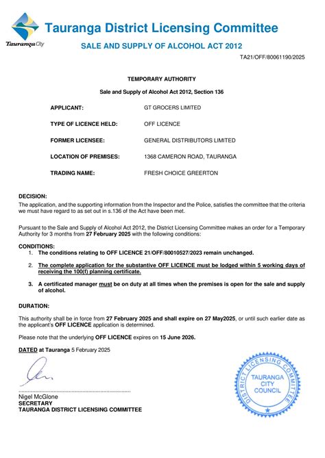 Liquor License Freshchoice Greerton