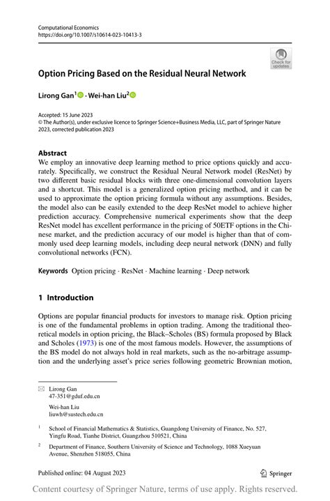 Option Pricing Based on the Residual Neural Network