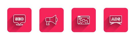 라인 Seo 최적화 확성기 브라우저 설정 및 긴 그림자가 있는 광고를 설정합니다 빨간색 사각형 버튼입니다 벡터 Crash