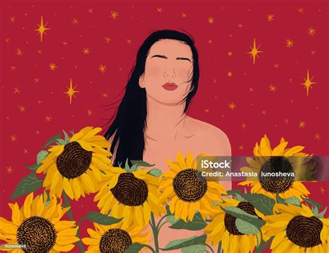 해바라기 사이에 긴 검은 머리카락을 가진 백인 소녀 현대적인 평면 그림 검정 머리에 대한 스톡 벡터 아트 및 기타 이미지 검정 머리 관능 귀여운 Istock